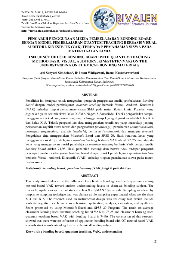 (PDF) Pengaruh penggunaan media pembelajaran bonding board dengan model pembelajaran quantum ...
