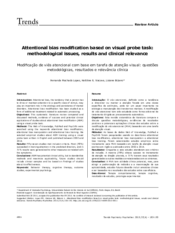 Pdf Attentional Bias Modification Based On Visual Probe Task Methodological Issues Results