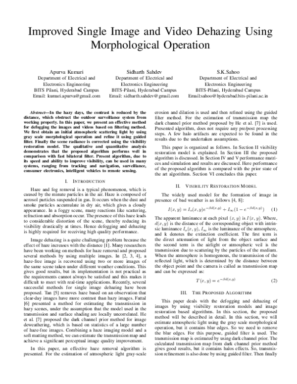 (PDF) Improved Single Image and Video Dehazing Using Morphological Operation | apurva singh ...