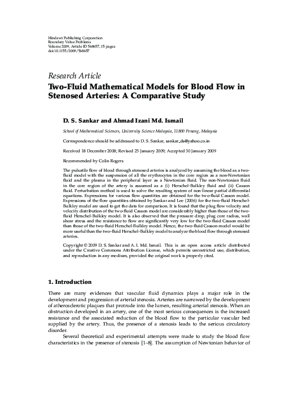 (PDF) Two-Fluid Mathematical Models for Blood Flow in Stenosed Arteries ...
