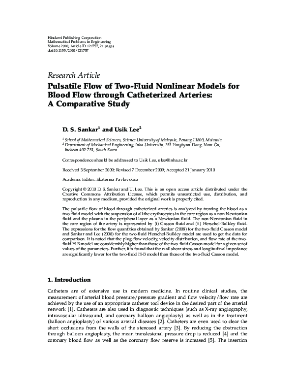 (PDF) Pulsatile Flow of Two-Fluid Nonlinear Models for Blood Flow ...