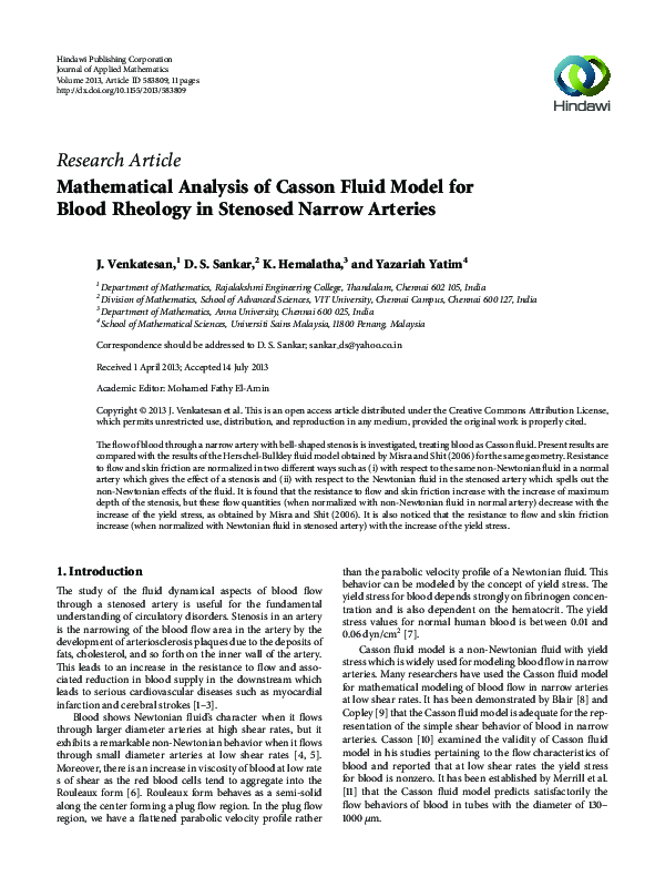 (PDF) Mathematical Analysis of Casson Fluid Model for Blood Rheology in ...