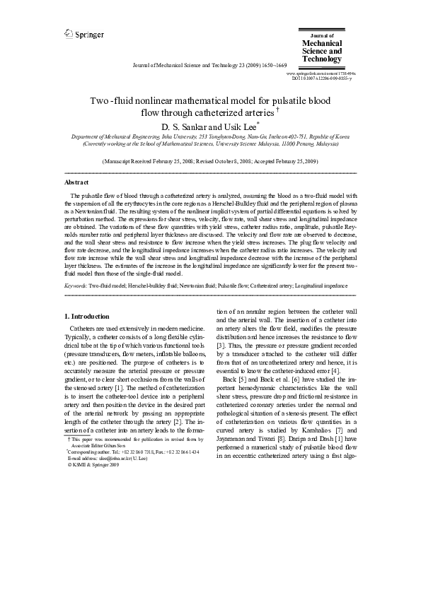 (PDF) Two -fluid nonlinear mathematical model for pulsatile blood flow ...