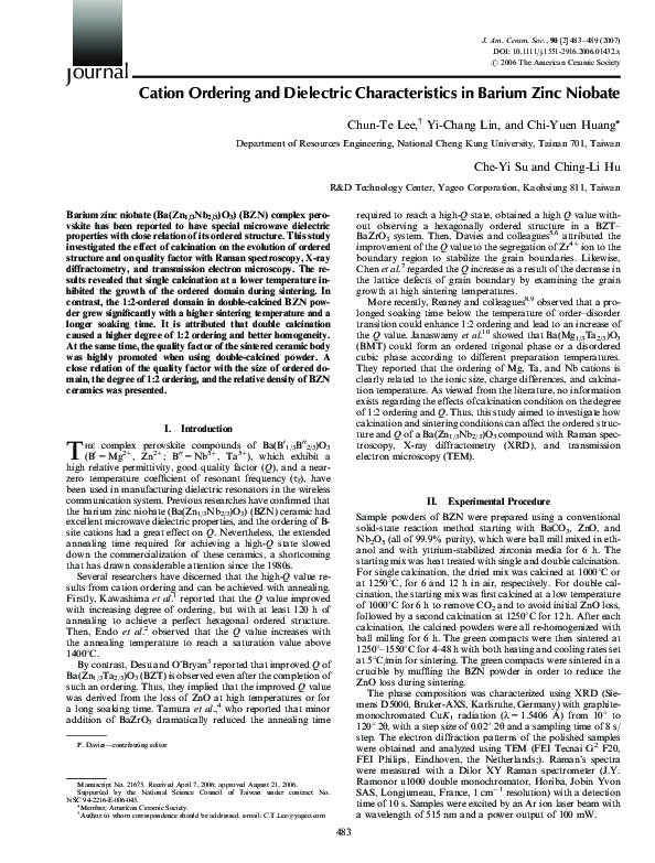(PDF) Cation Ordering and Dielectric Characteristics in Barium Zinc Niobate