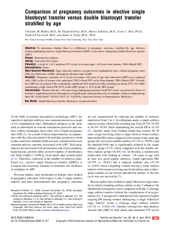 (PDF) Comparison of pregnancy outcomes in elective single blastocyst transfer versus double ...
