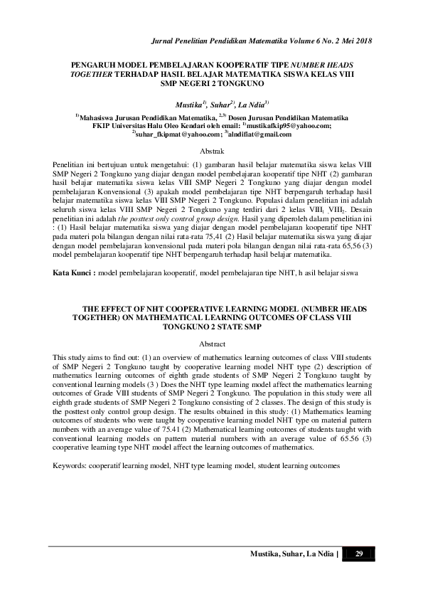 (PDF) Pengaruh Model Pembelajaran Kooperatif Tipe Number Heads Together Terhadap Hasil Belajar ...