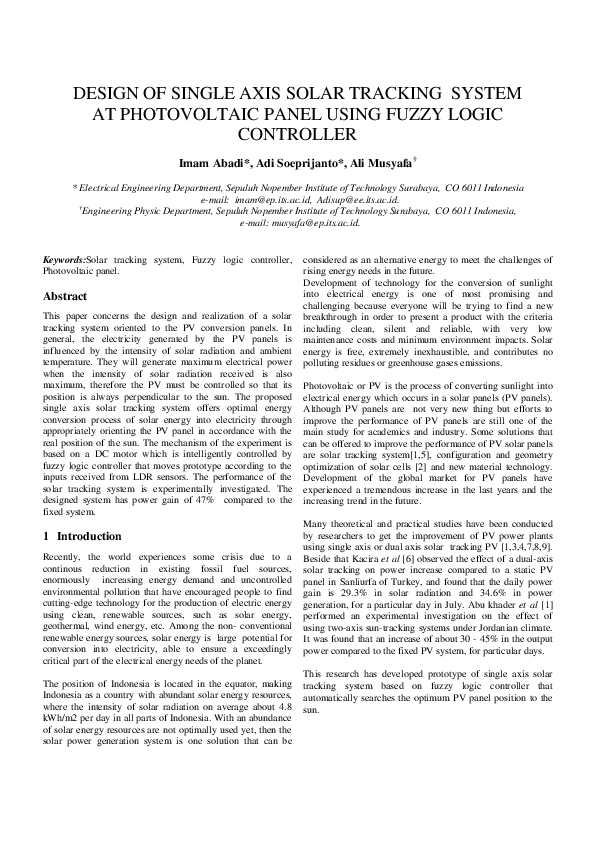 Pdf Design Of Single Axis Solar Tracking System At Photovoltaic Panel Using Fuzzy Logic Controller
