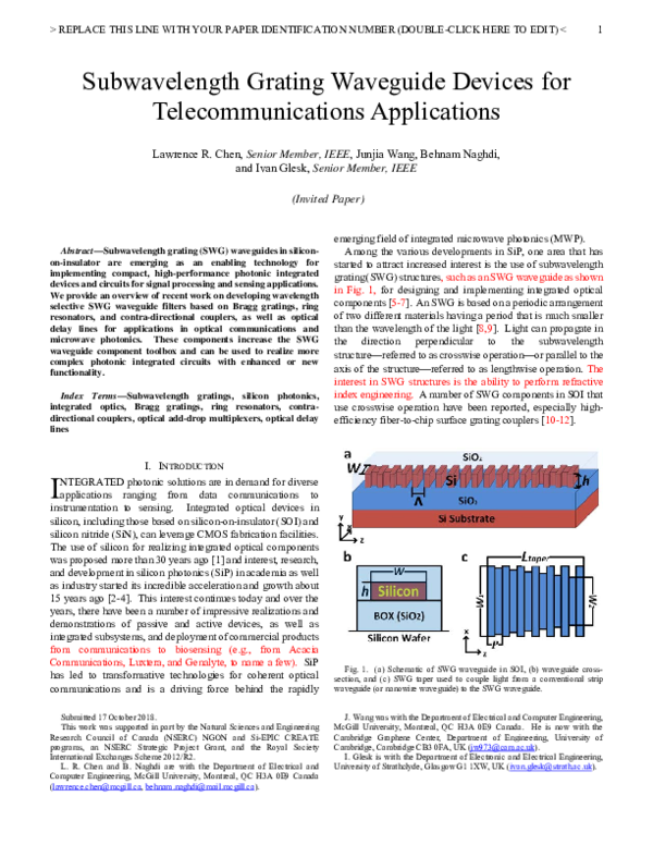 (PDF) Subwavelength Grating Waveguide Devices for Telecommunications Applications