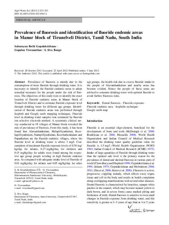 (PDF) Prevalence of fluorosis and identification of fluoride endemic ...