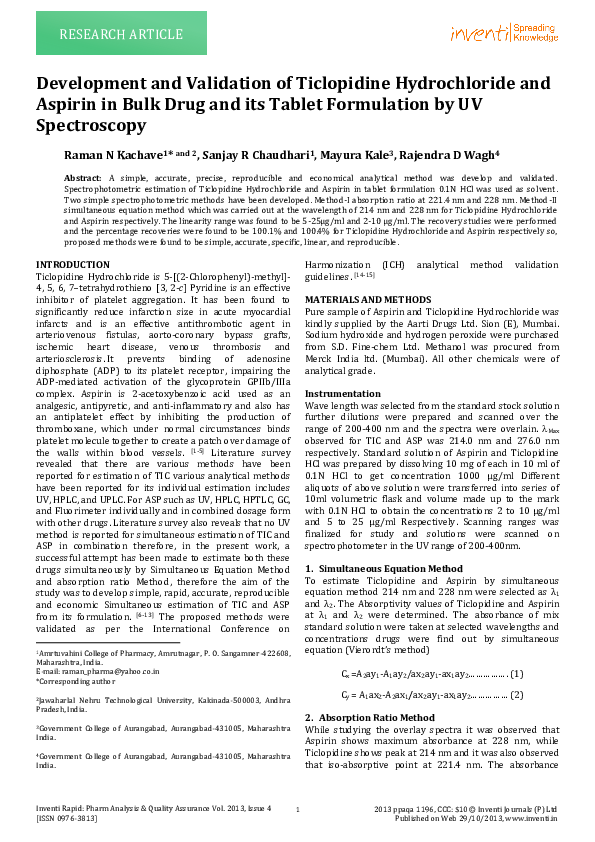 (PDF) Development and Validation of Ticlopidine Hydrochloride and Aspirin in Bulk Drug and its ...