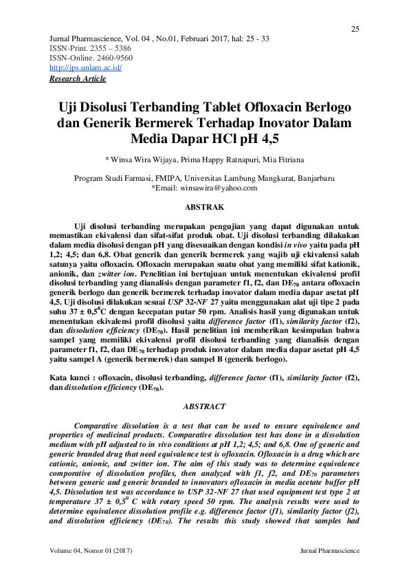 (PDF) Uji Disolusi Terbanding Tablet Ofloxacin Berlogo dan Generik ...
