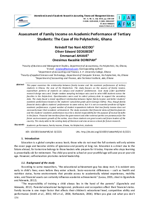 (PDF) Assessment of Family Income on Academic Performance of Tertiary ...