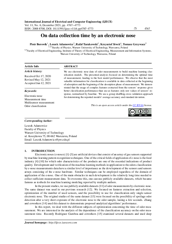 (PDF) On data collection time by an electronic nose