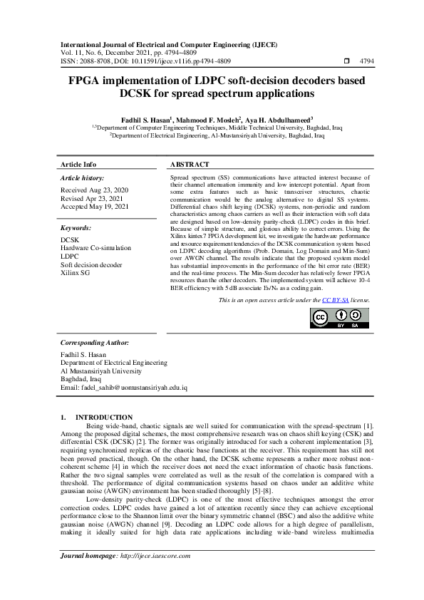 Pdf Fpga Implementation Of Ldpc Soft Decision Decoders Based Dcsk For