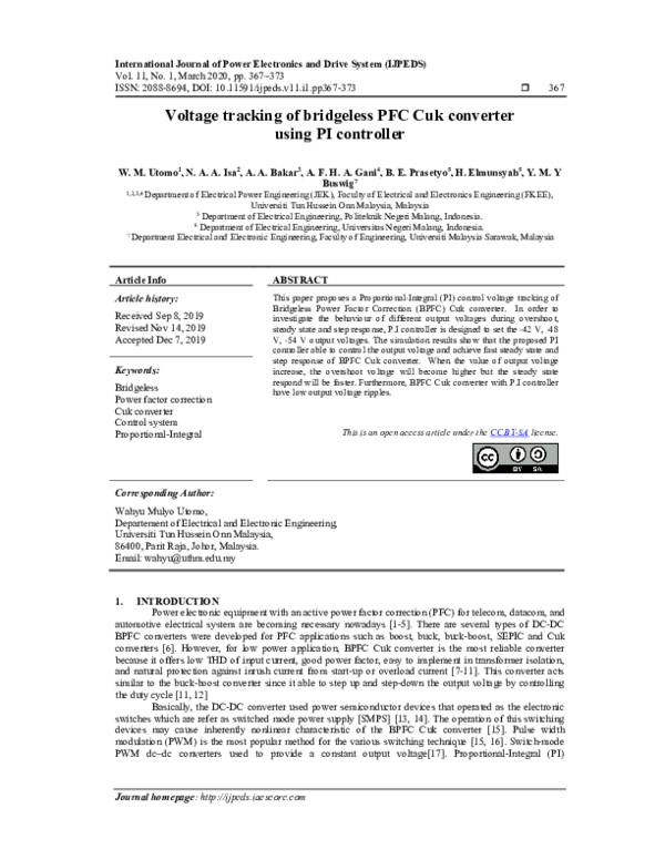 (PDF) Voltage tracking of bridgeless PFC Cuk converter using PI controller