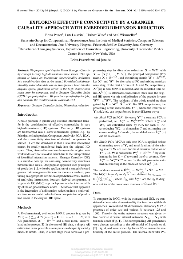 Pdf Exploring Effective Connectivity By A Granger Causality Approach With Embedded Dimension