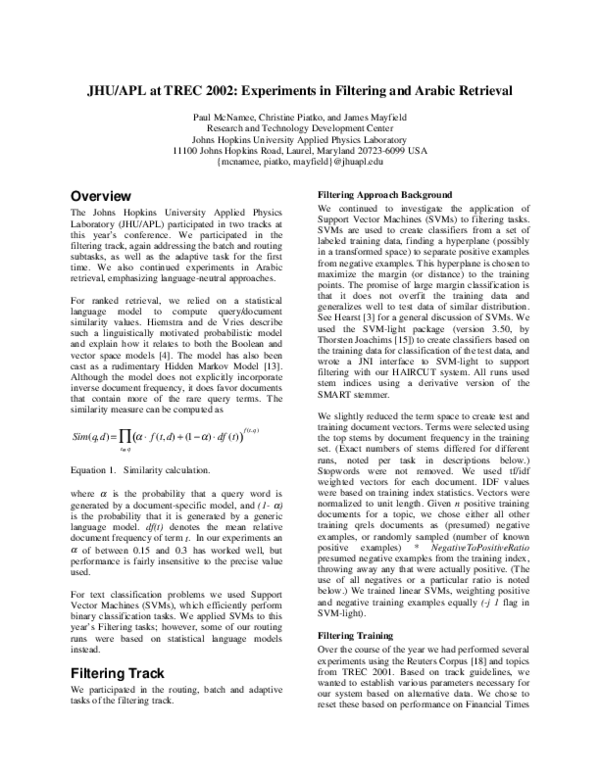 (PDF) JHU/APL at TREC 2002: Experiments in filtering and arabic retrieval
