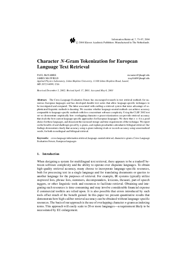 (PDF) Character N-Gram Tokenization for European Language Text Retrieval