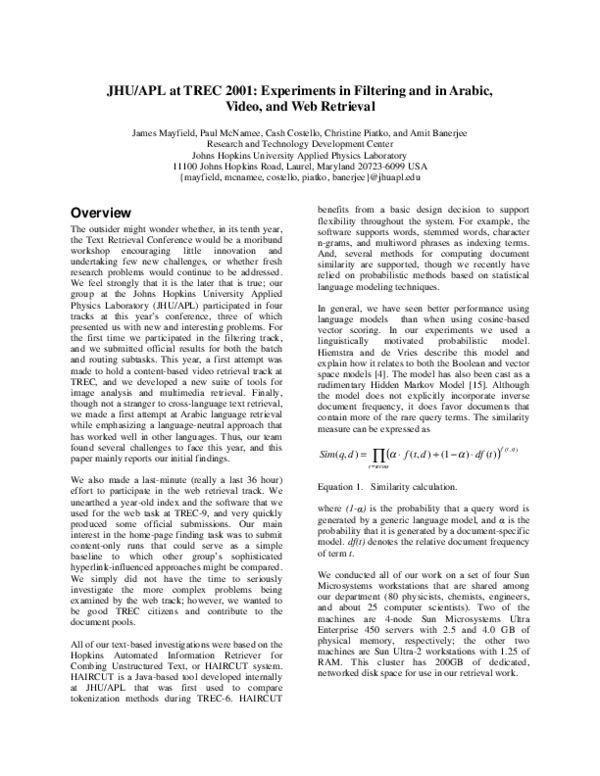 (PDF) JHU/APL at TREC 2001: Experiments in Filtering and in Arabic ...