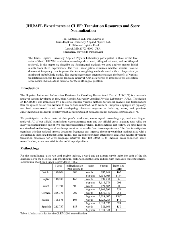 (PDF) JHU/APL Experiments at CLEF: Translation Resources and Score Normalization