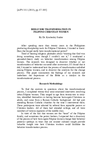 (PDF) Kimberly Snider - Behavior Transformation in Filipino Christian ...