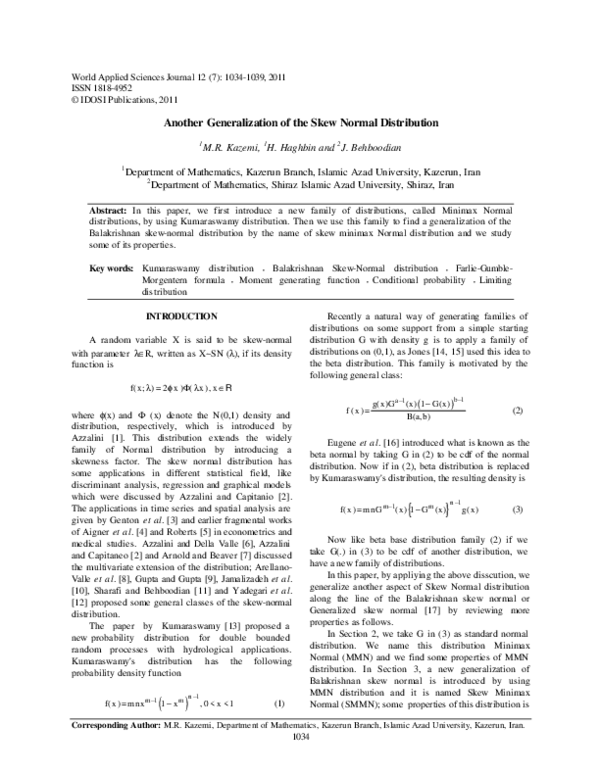 (PDF) Another Generalization of the Skew Normal Distribution