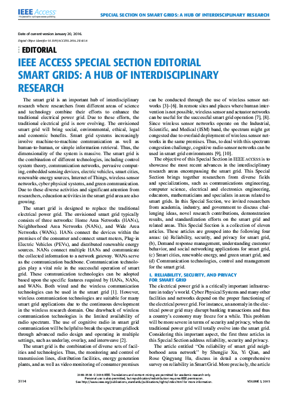 Pdf Ieee Access Special Section Editorial Smart Grids A Hub Of Interdisciplinary Research
