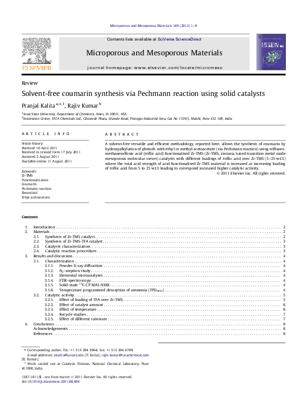 (PDF) Solvent-free coumarin synthesis via Pechmann reaction using solid ...
