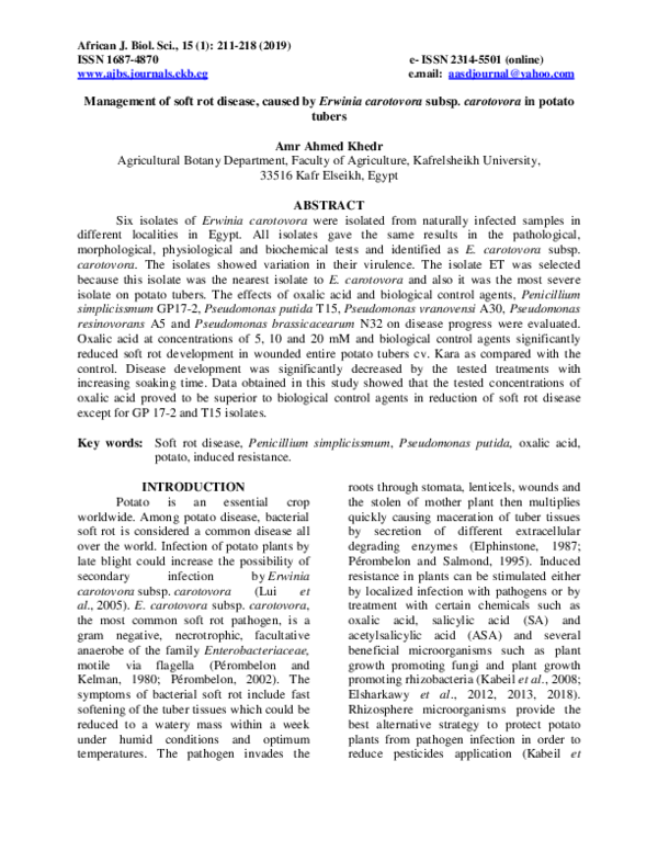 Pdf Management Of Soft Rot Disease Caused By Erwinia Carotovora Subsp Carotovora In Potato