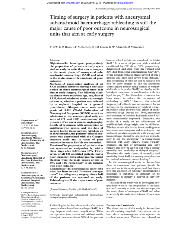 (PDF) Timing of surgery in patients with aneurysmal subarachnoid haemorrhage: rebleeding is ...