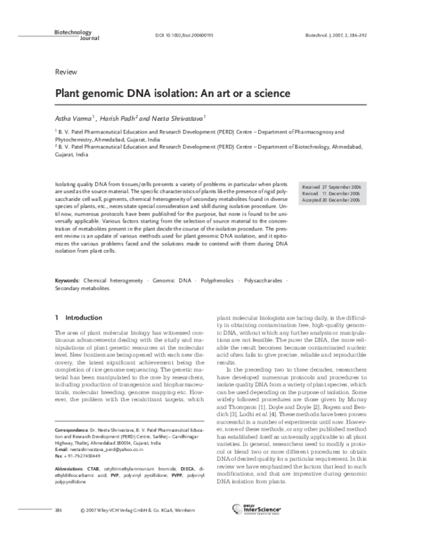 (PDF) Plant genomic DNA isolation: an art or a science