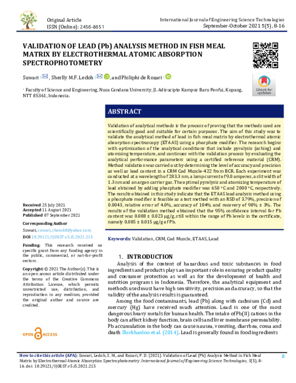 (PDF) VALIDATION OF LEAD (Pb) ANALYSIS METHOD IN FISH MEAL MATRIX BY ...