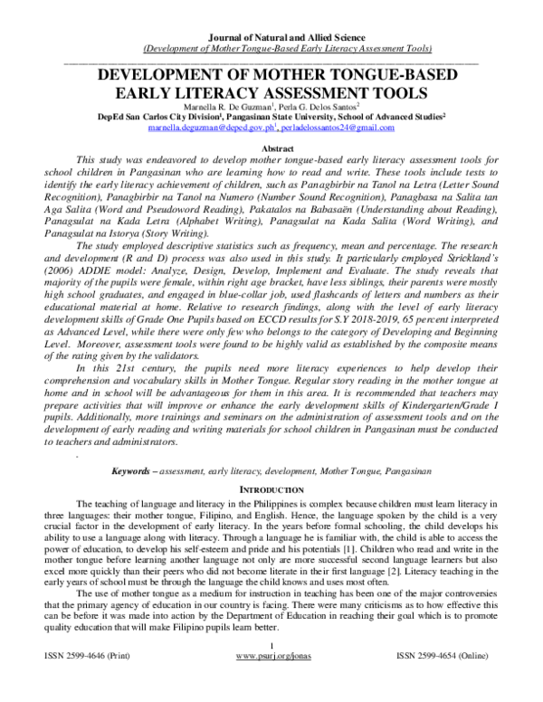 (PDF) DEVELOPMENT OF MOTHER TONGUE-BASED EARLY LITERACY ASSESSMENT TOOLS