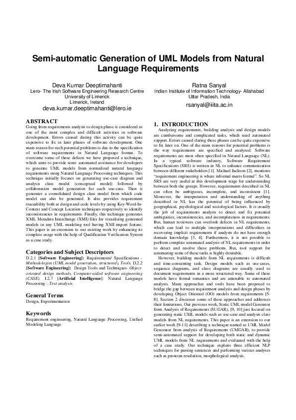 (PDF) Semi-automatic generation of UML models from natural language requirements