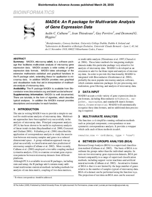 (PDF) MADE4: an R package for multivariate analysis of gene expression data