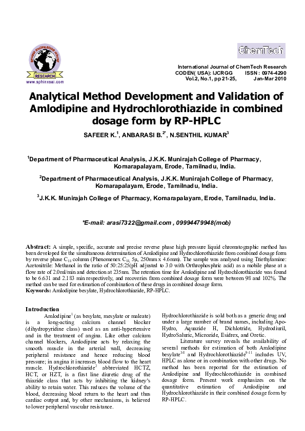 Pdf Analytical Method Development And Validation Of Amlodipine And Hydrochlorothiazide In