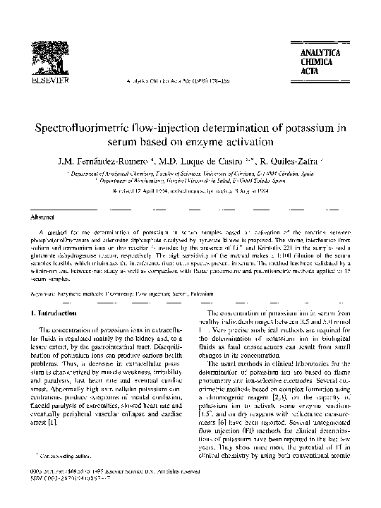 Pdf Spectrofluorimetric Flow Injection Determination Of Potassium In Serum Based On Enzyme