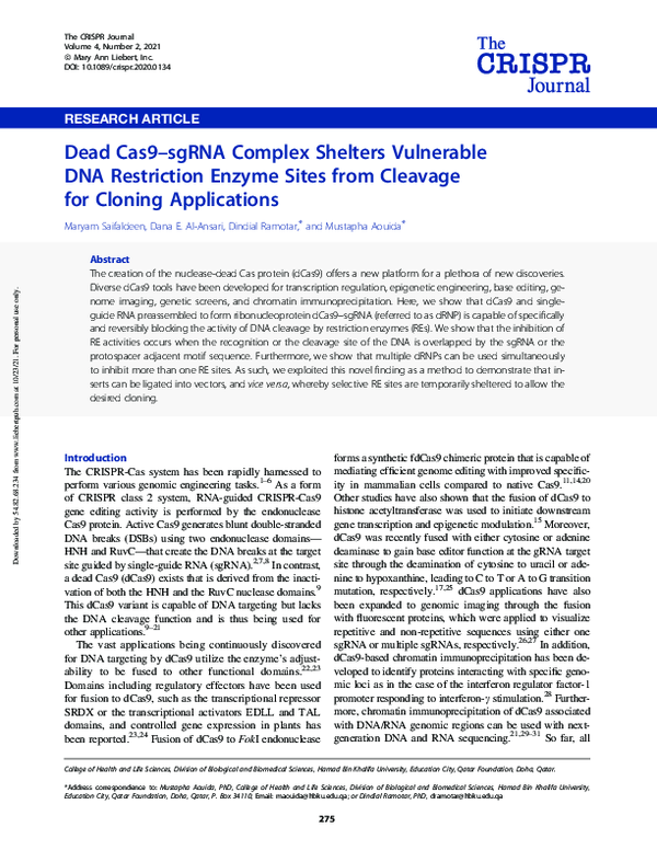 (PDF) Dead Cas9–sgRNA Complex Shelters Vulnerable DNA Restriction ...