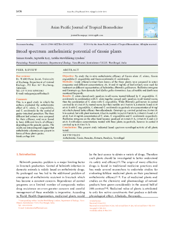 (PDF) Broad spectrum anthelmintic potential of Cassia plants