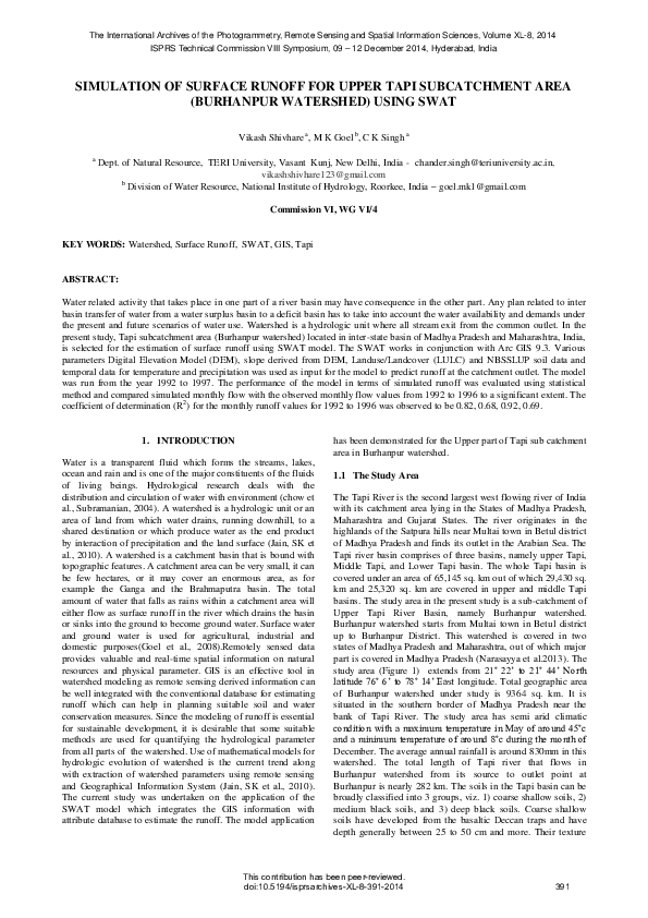 (PDF) Simulation of Surface Runoff for Upper Tapi Subcatchment Area (Burhanpur Watershed) Using Swat