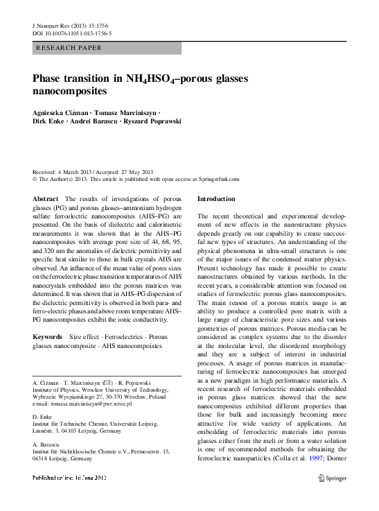 (PDF) Phase transition in NH4HSO4–porous glasses nanocomposites