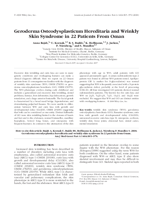 (PDF) Geroderma osteodysplasticum hereditaria and wrinkly skin syndrome ...
