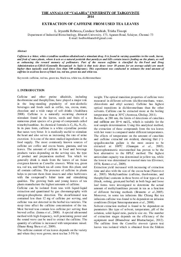 Pdf Extraction Of Caffeine From Used Tea Leaves
