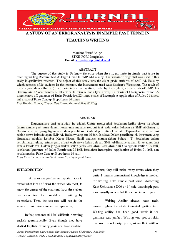 (PDF) A Study Of An Error Analysis In Simple Past Tense In Teaching Writing