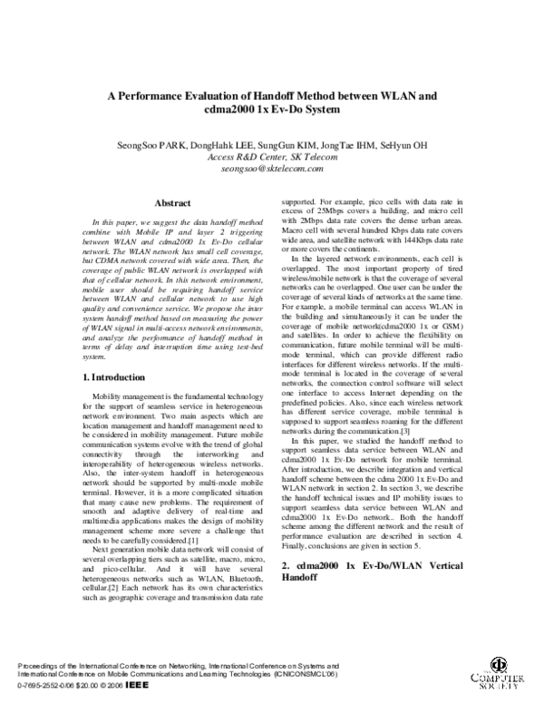 (PDF) A Performance Evaluation of Handoff Method between WLAN and cdma2000 1x Ev-Do System