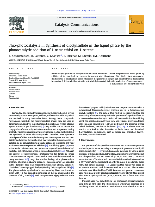 (PDF) Thio-photocatalysis II: Synthesis of dioctylsulfide in the liquid ...