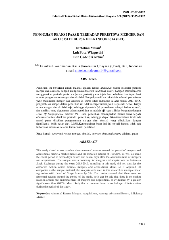 (PDF) Pengujian Reaksi Pasar Terhadap Peristiwa Merger Dan Akuisisi DI Bursa Efek Indonesia (Bei)