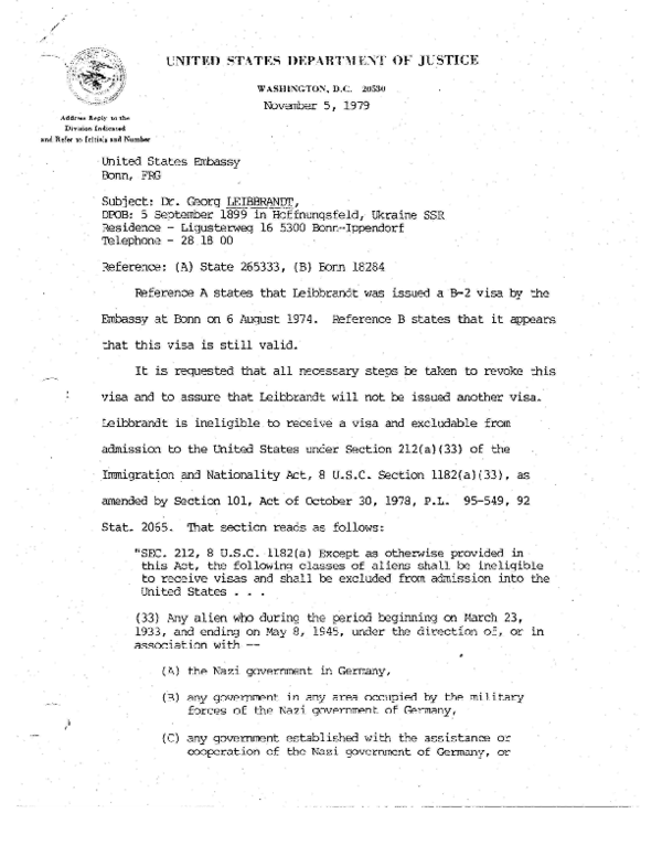 (PDF) UNITED STATES DEPARTMENT OF JUSTICE DOCUMENT ON GEORG LEIBBRANDT