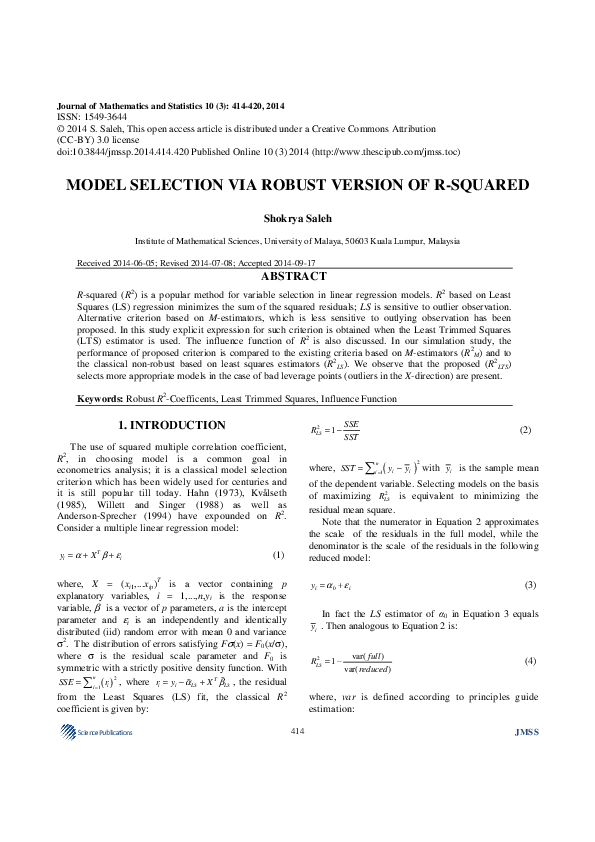 (PDF) Model Selection via Robust Version of R-Squared | Shokrya Saleh - Academia.edu