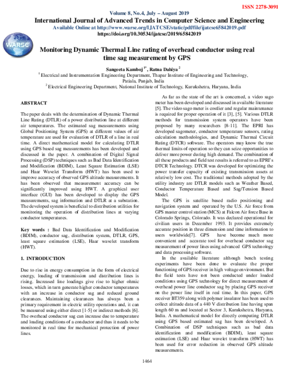 Pdf Monitoring Dynamic Thermal Line Rating Of Overhead Conductor Using Real Time Sag